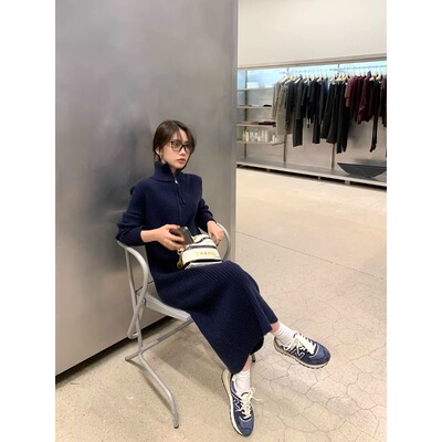万能OS毛线裙 搭一切大衣外套 慵懒休闲高领拉链坑条显瘦连衣裙