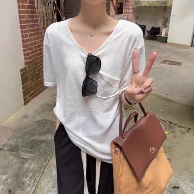 宽松大码休闲白色竹节棉T恤女短袖贴袋百搭设计感显瘦正肩上衣夏