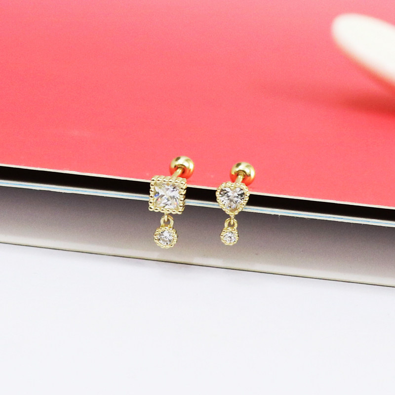 蓝莓甜心韩国纯10K金黄金耳钉花边方块桃心坠小锆石拧螺丝耳钉女_虎窝淘