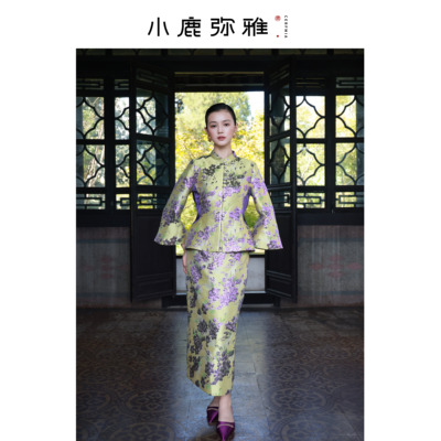 小鹿弥雅《南洋旧梦》原创新中式复古提花收腰长袖套装裙新娘晨袍