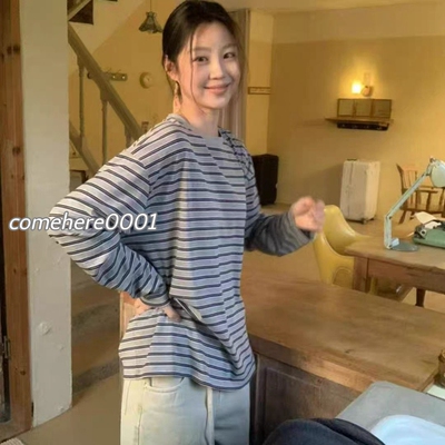 现货速发Mohhe韩国东大门2026春款显瘦百搭圆领条纹宽松长袖T恤女