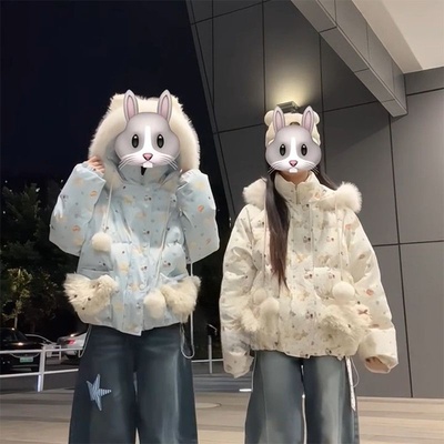 撞色百搭连帽毛领棉服外套