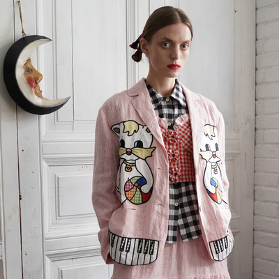 新品85折【Unlogical Poem】童趣插画猫咪刺绣条纹西装