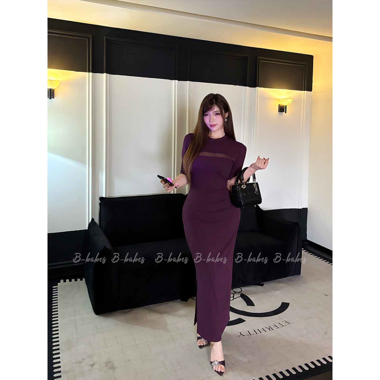 Babes【晚玉凝香】大码高级气质紫色收腰显瘦修身开衩连衣裙长裙