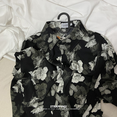 STRAPPING黑底印象花卉痞帅短袖花衬衫男女夏威夷泰国复古日系