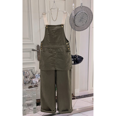 咸菜绿假两件连体休闲背带裤