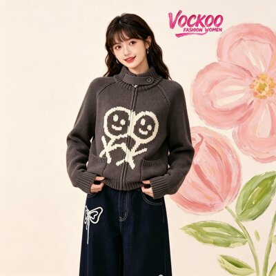 VOCKOO同款2026秋呆萌火柴人提花立领拉链针织外套女韩国小众新款