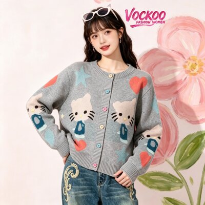 VOCKOO同款2026秋猫咪刺绣温柔风甜美减龄时尚百搭圆领针织开衫女