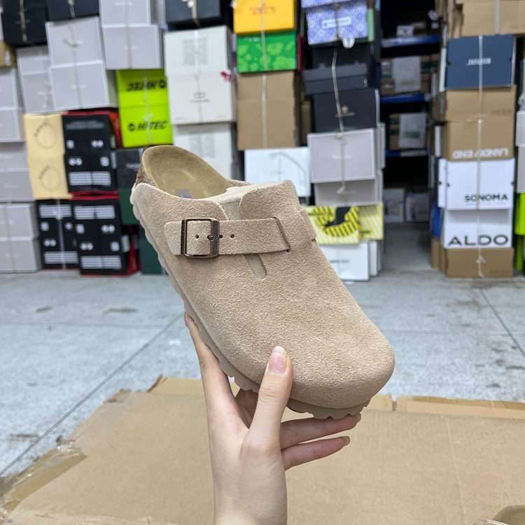Lady Shoes外贸出口女鞋里外全真皮新款圆头皮带扣包头博肯拖鞋