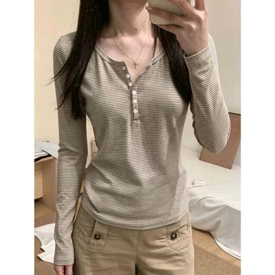 韩系亨利领条纹修身长袖T恤女