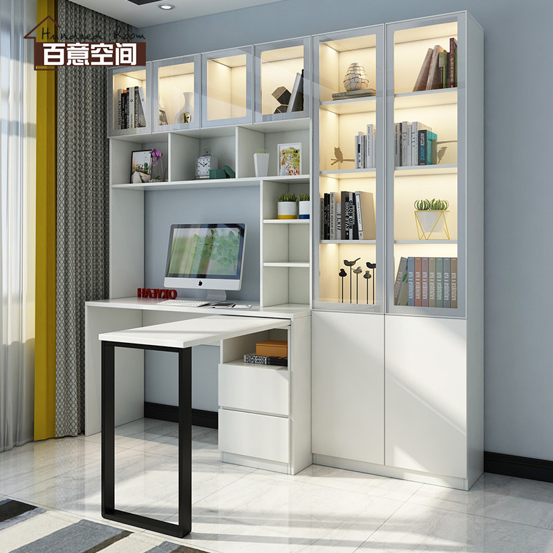 书桌书架组合简约家用学生台式电脑桌转角书柜衣柜一体学习办公桌_虎窝淘