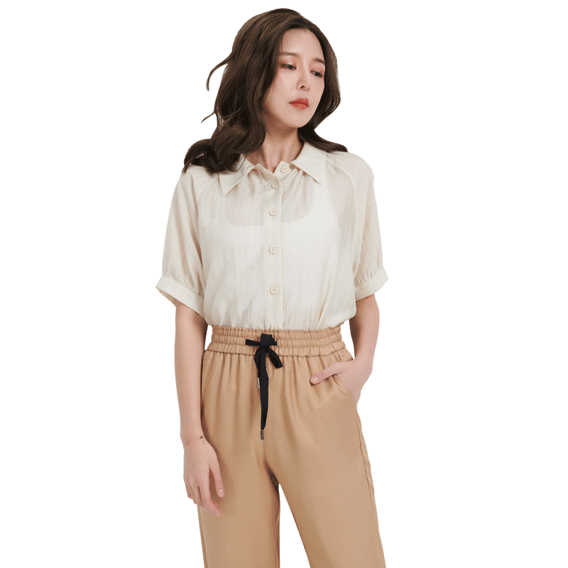 UGIZ商场同款2022夏季新品韩版女装休闲纯色泡泡袖衬衫女UBSF905_虎窝淘