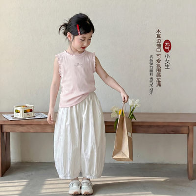 女童背心夏装2026新款女小童夏季超漂亮木耳边上衣儿童装无袖T恤