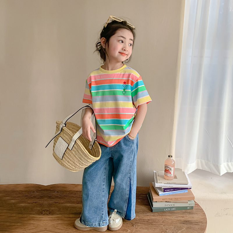 女童短袖t恤2025新款夏装纯棉儿童衣服宝宝体恤条纹半袖上衣夏季 商品图