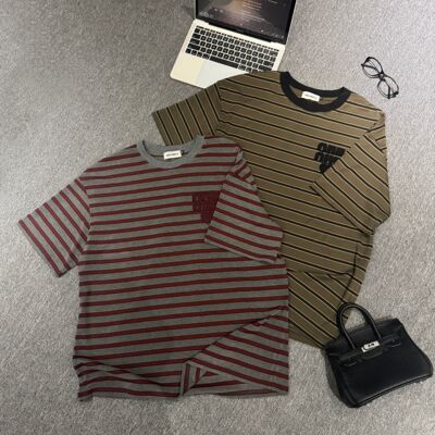 【低调稳重】夏季女款撞条纹贴布字母短袖T恤CP728