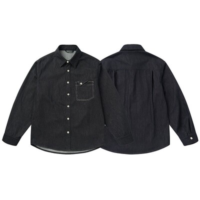 日系复古水洗原牛色口袋长袖牛仔衬衫男潮牌简约cleanfit衬衣外套