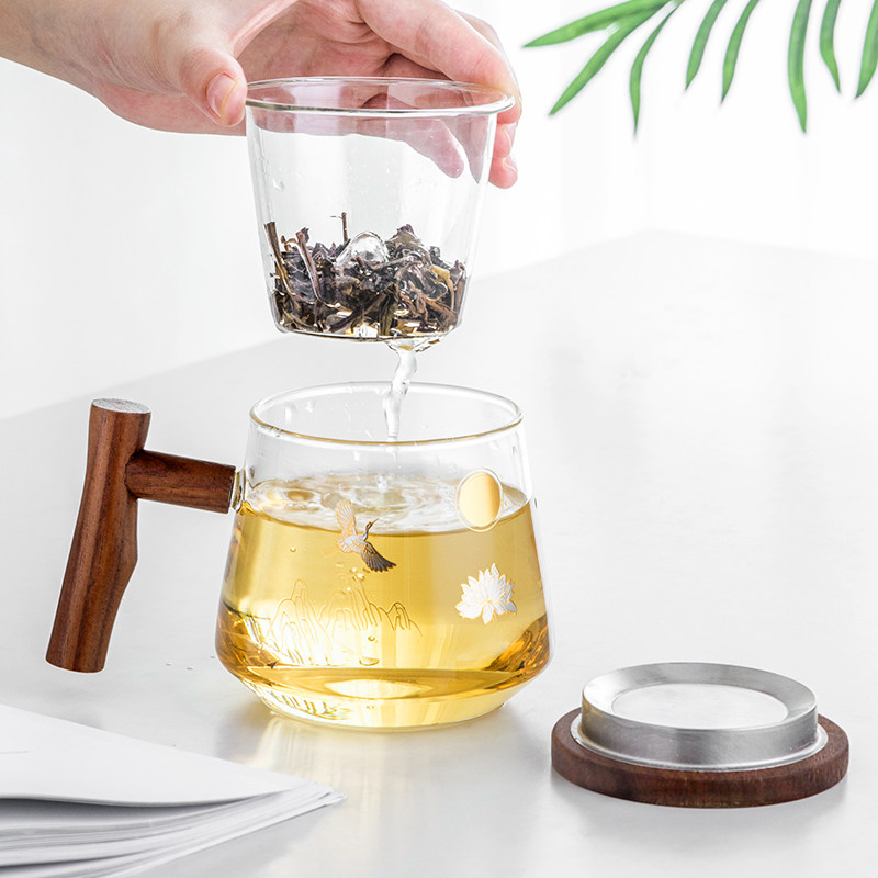 简约家用耐热玻璃茶杯办公室分离泡茶大容量带盖过滤花茶玻璃水杯