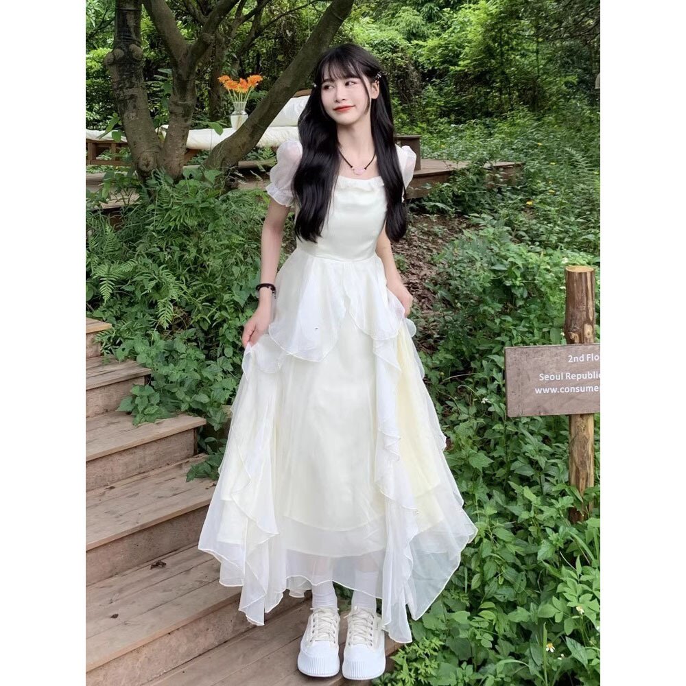 新款纱袖法式超仙绝美初恋连衣裙女夏季海边度假温柔在逃公主仙女