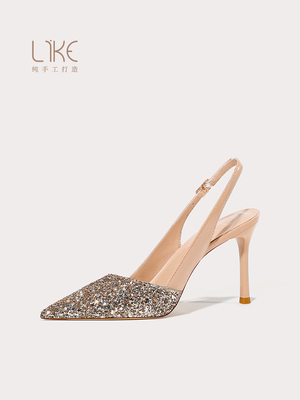 俪珂羊皮包头裸色高跟凉鞋