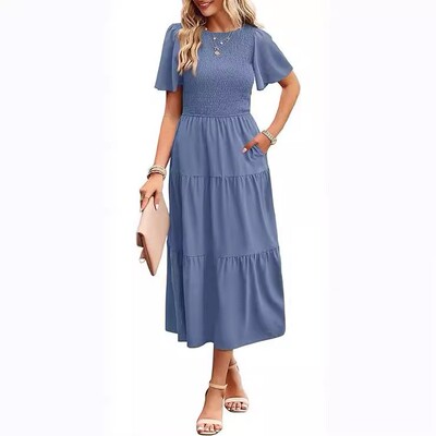 短袖圆领A字型沙滩中长款连衣裙