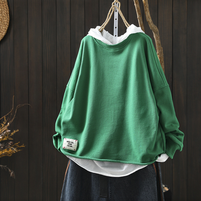 绿色卫衣女2026新款爆款小个子春季毛圈棉大码慵懒风宽松套头上衣