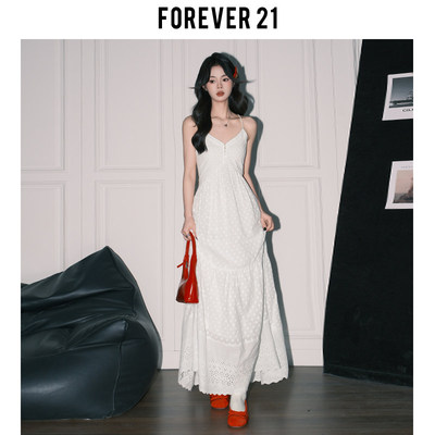 Forever 21氛围感纯欲白色V领吊带连衣裙女法式蛋糕裙A字沙滩长裙