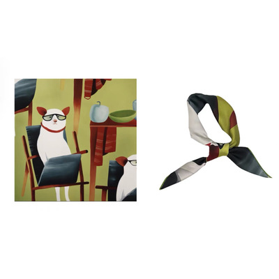 Flora艺术小狗插画卡通动物图案美式复古短款油画小方巾丝巾头巾