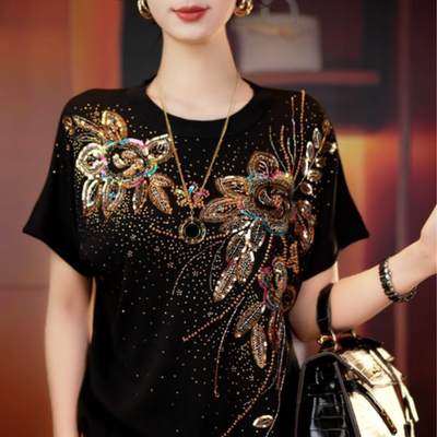 大码妈妈亮闪遮肚短袖T恤时尚