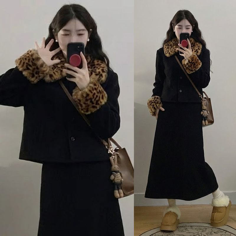 秋冬胖mm加绒加厚遮肚豹纹毛毛领拼接半身裙大码女装保暖两件套装