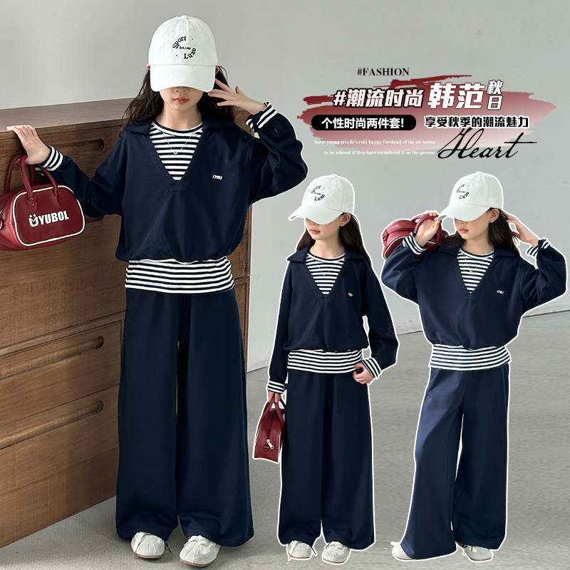 女童套装2025春秋新款大童拼接卫衣休闲秋装女孩韩版运动装假两件