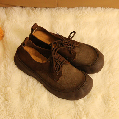 2688花藤萝蔓 牛皮圆头休闲深口系带拼色厚底软底真皮女鞋女单鞋