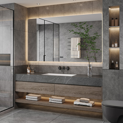 意式轻奢岩板陶瓷一体盆浴室柜洗手盆柜组合卫生间洗脸洗漱台卫浴