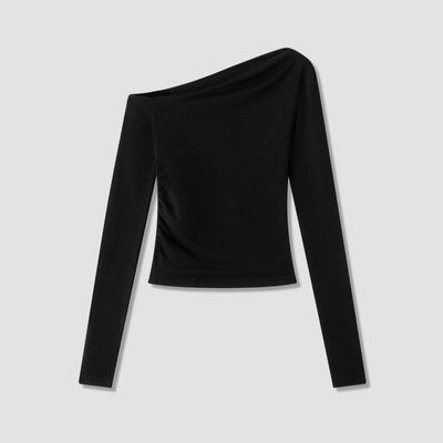 Call me Blue 纯色设计感单边露肩针织斜肩长袖打底