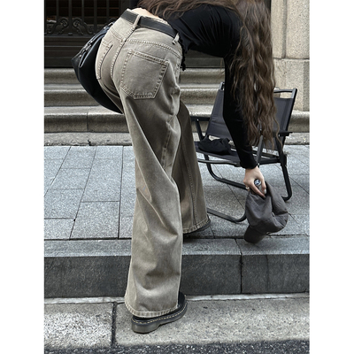 勃肯卡其直筒高腰牛仔裤