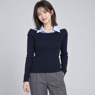 深蓝navy衣身拼接浅蓝梭织衬衫式翻领一字肩26秋清爽耐看针织上衣
