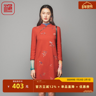 渔牌女装连衣裙新款女冬季棉羊毛呢绣花改良旗袍裙子FGFD0016