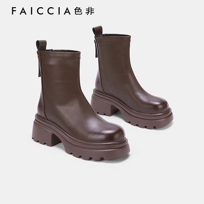 色非厚底增高短靴女2024秋冬新款时尚靴子显瘦圆头踝靴瘦瘦靴女