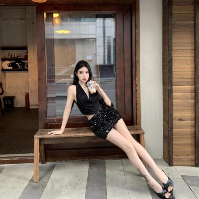 SHINESTING【璀璨之星】黑色经典亮片半身裙女轻奢修身显瘦包臀裙