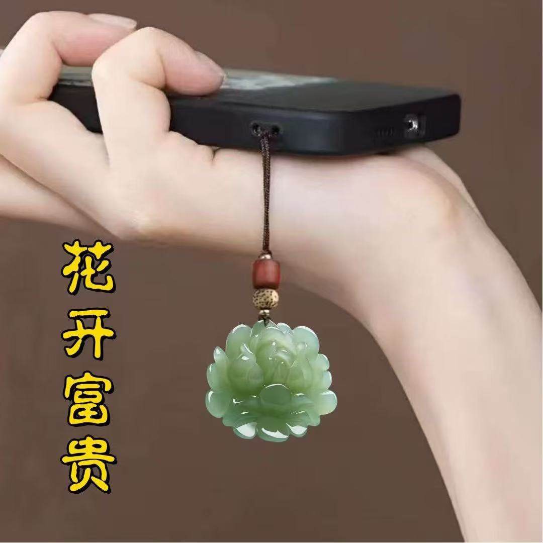 莲花开富贵荷花古风手机链挂绳包包挂饰 情侣钥匙扣挂件青莲玉坠