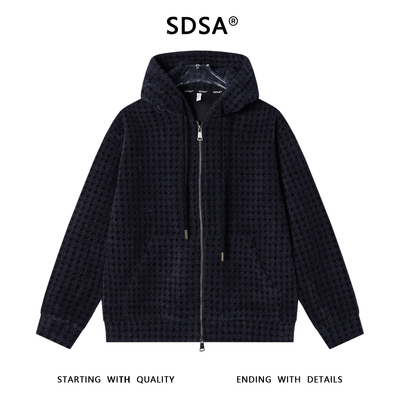 SDSA男士秋冬新款痞帅男装潮牌绒毛拉链开衫连帽卫衣暗纹百搭上衣