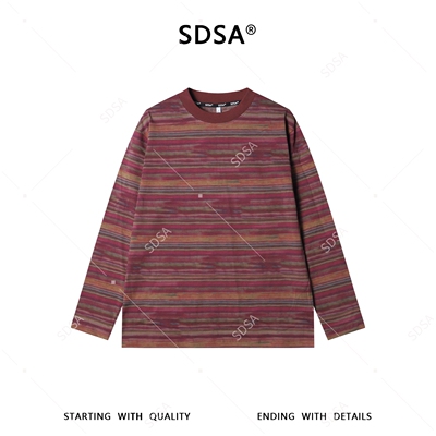 SDSA男装2026新款复古混彩条纹长袖T恤撞色罗纹领宽松圆领上衣