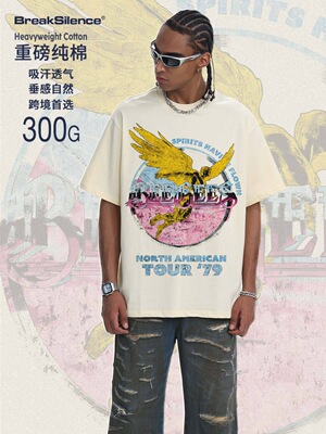 Led Zeppelin 美式高街小领口透气300g重磅纯棉宽松短袖T恤男潮牌