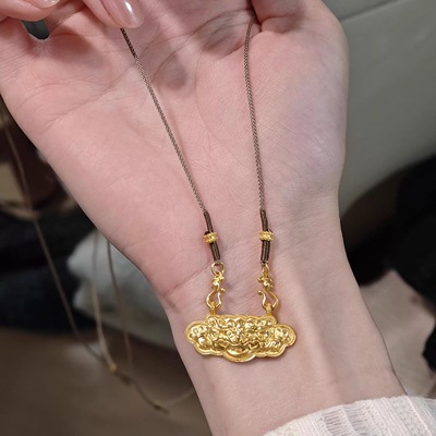 新中式饕餮祥云纹长命锁吊坠编绳项链立体浮雕国潮复古吉祥风颈饰
