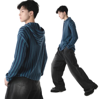 复古蓝色条纹连帽毛衣双头拉链