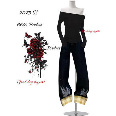 大码复古水洗格纹拼接牛仔裤