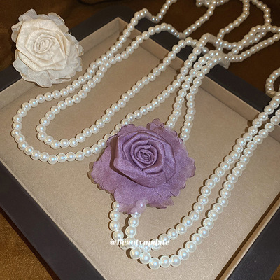 布艺雪纺花珍珠项链轻奢气质优雅温柔百搭毛衣链设计感小众项饰女