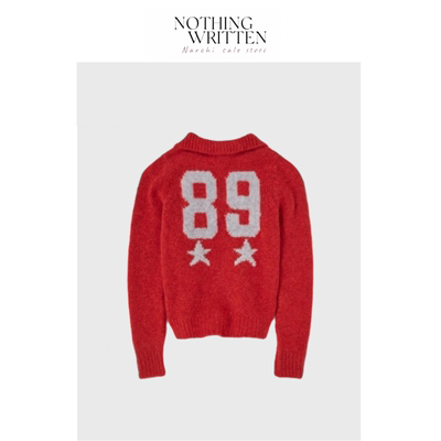 【现货】Nothing Written Narchi红色羊毛混纺针织字母翻领毛衣女