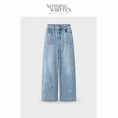 【现货】Nothing Written Narchi蓝色碎花刺绣牛仔裤高腰宽松直筒