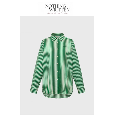 【现货】Nothing Written Narchi绿白条纹衬衫女翻领长袖休闲上衣