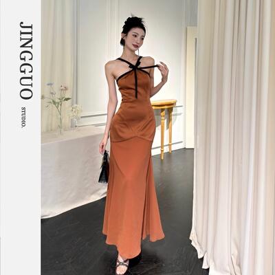 【JINGGUO轻奢】小众设计法式复古蝴蝶结吊带显瘦名媛风长裙7651